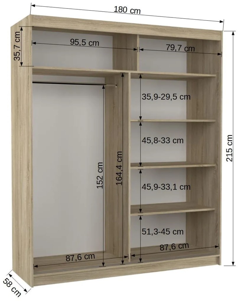 Šatní skříň s posuvnými dveřmi Antos - 180 cm Barva: Bílá/Černá