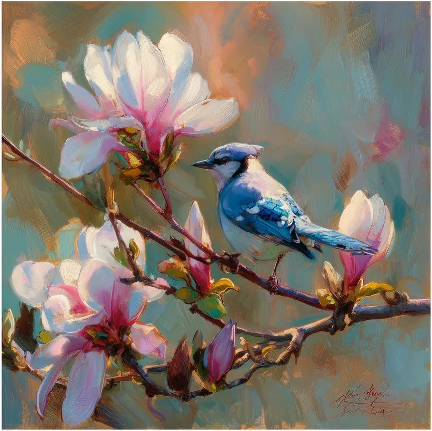 Tištěný obraz na plátně 32x32 cm Bluejay & Blossom – Styler Biano.cz