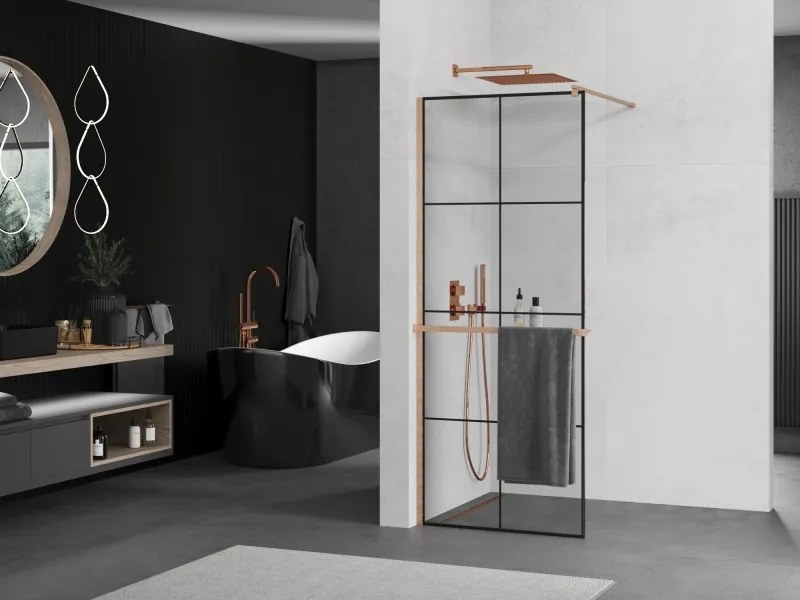Mexen Kioto+, sprchová zástěna Walk-In s poličkou a věšákem 70 x 200 cm, 8mm čiré sklo černý vzor, měděný matný profil, 800-070-121-65-77