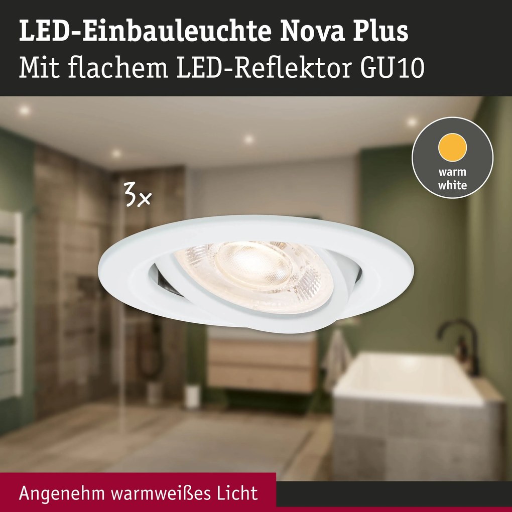 P 92416 LED vestavné svítidlo Nova Plus GU10 Flat IP65 93mm 3x4,9W 230V stmívatelné 2700K bílá mat - PAULMANN