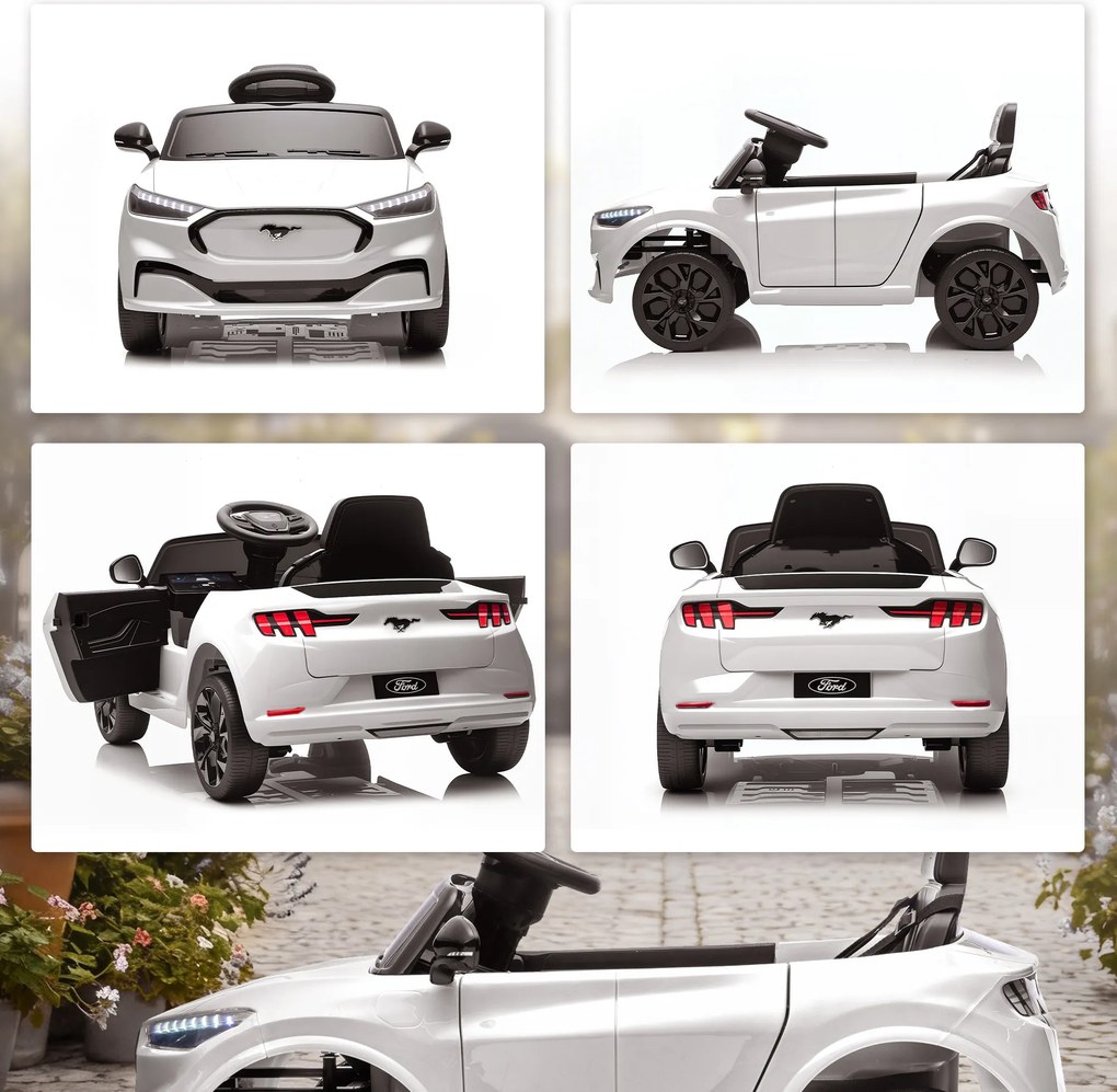 AIYAPLAY dětské elektrické auto Ford Mustang Mach-E, oficiálně licencované, 12 V, dálkové ovládání 2,4 G, 2 motory, 92x55x44 cm, bílé