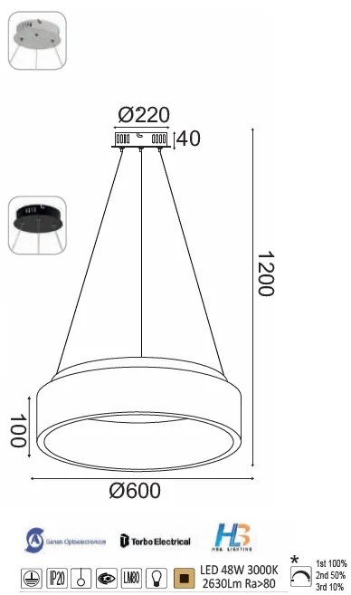 ACA DECOR LED závěsné svítidlo APOLLO 48W/230V/3000K/2630Lm/360°/IP20/DIM, Flicker free
