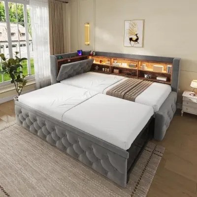 Aosom Rám postele, vysouvací sametová pohovka 90x190 cm, s úložným prostorem, LED světlem, USB a Typ-C, 211 × (91~181) × 84 cm, tmavě šedá