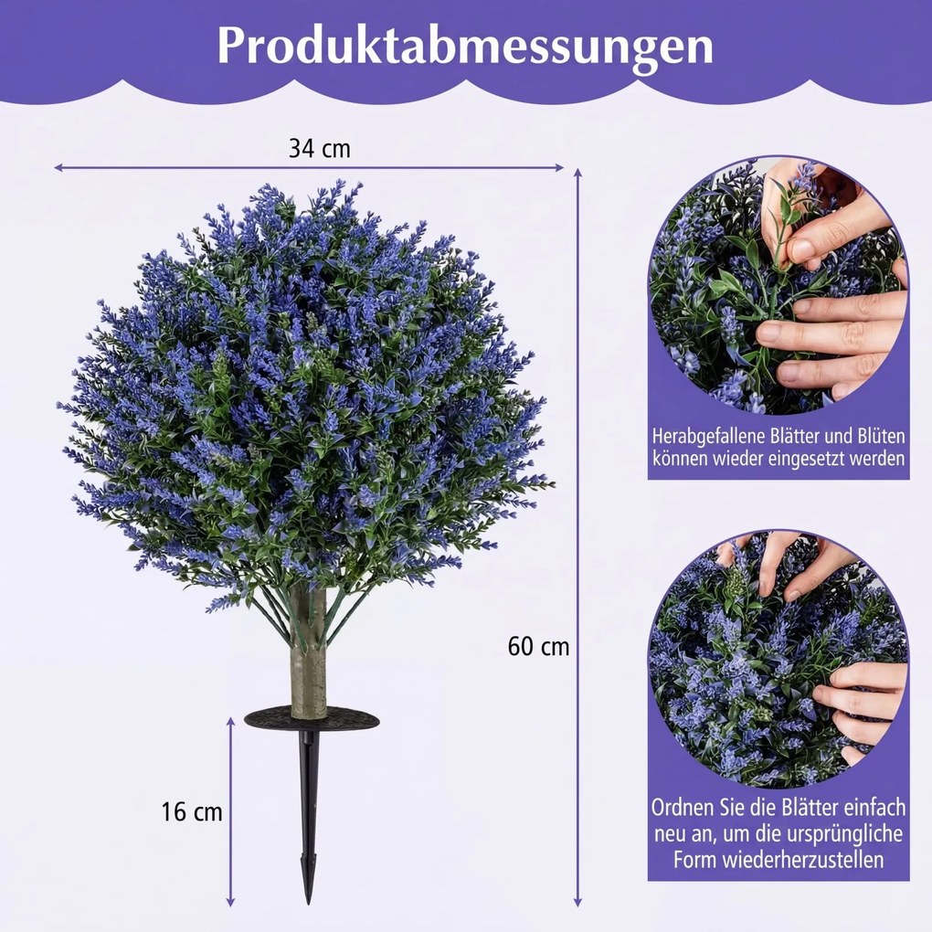 Costway Sada 2 umělé levandule s přízemním klasem a stálezelenými listy a stonky