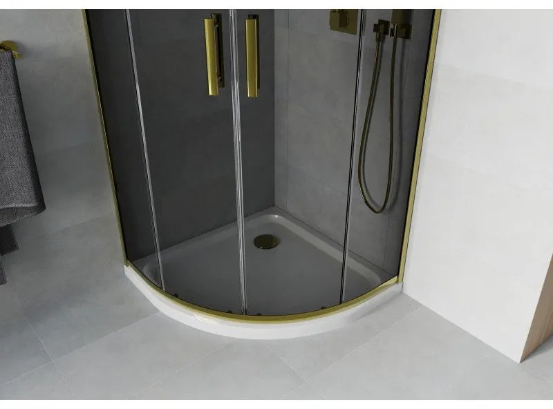 Mexen Rio, čtvrtkruhový sprchový kout s posuvnými dveřmi 80 (dveře) x 80 (dveře) x 190 cm, 5mm šedé sklo, zlatý profil + bílá sprchová vanička SLIM, 863-080-080-50-40-4110G
