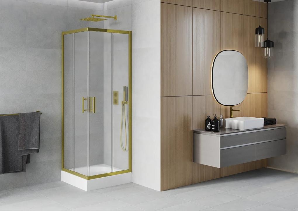 Mexen Rio, čtvercový sprchový kout s posuvnými dveřmi 70 (dveře) x 70 (dveře) x 190 cm, 5mm sklo námraza, zlatý profil + bílá sprchová vanička RIO, 860-070-070-50-30-4510