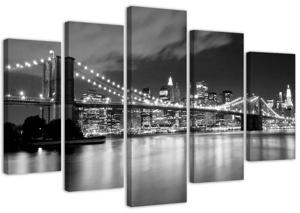 Obraz na plátně pětidílný Newyorský most Černobílý - 100x70 cm