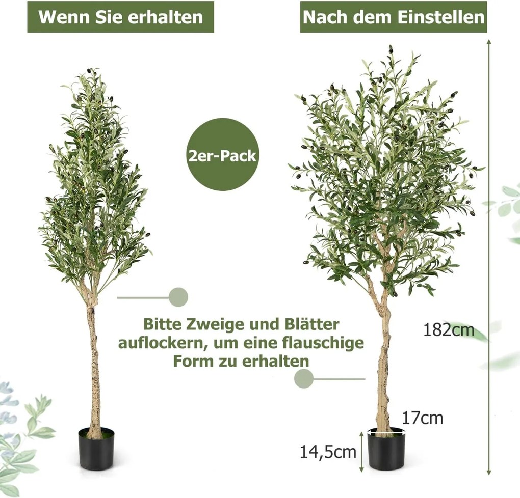 Costway Umělý olivovník s 1296 listy a 72 plody Olivovníky 182 cm, zelený