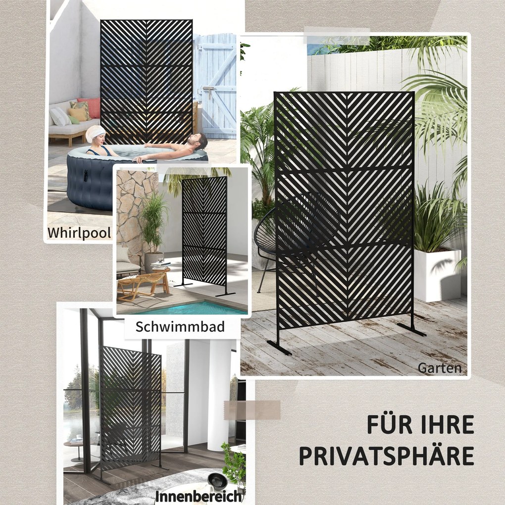 Zahradní paraván Outsunny s podstavcem, 122 x 198 cm s trojúhelníkovým vzorem, dělící zeď na balkon nebo terasu, ocel, černá