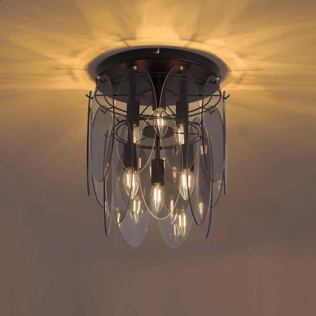 Art Deco stropní svítidlo černé s oválným kouřovým sklem 6-světelné - Mochan