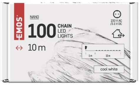 Vánoční osvětlení EMOS D3AC01 ZY1427T 100LED nano řetěz stříbrný 10m studená bílá s časovačem