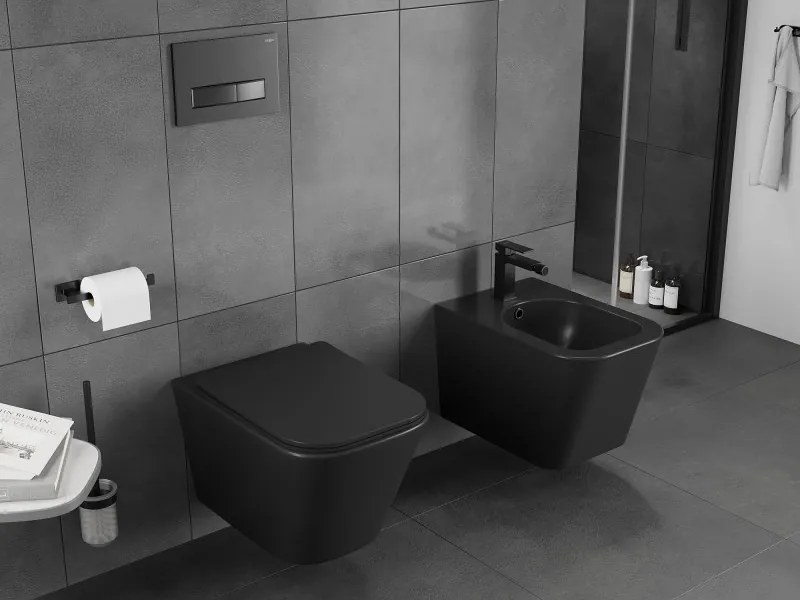 Mexen Teo, závěsná WC mísa 510x345x340 mm, Rimless Tornádo + WC sedátko z duroplastu, černá matná, 30850685T