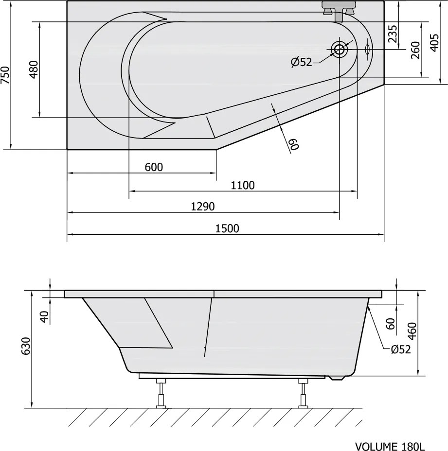 Polysan, TIGRA asymetrická vana s podstavcem 150x75x46cm, levá, bílá, 72928