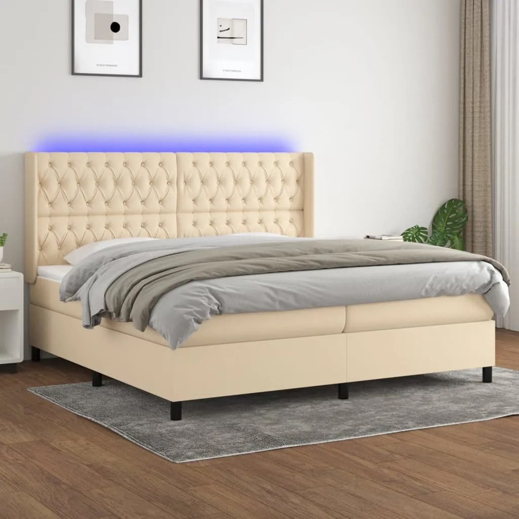 Box spring postel s matrací a LED krémová 200x200 cm textil 3138586