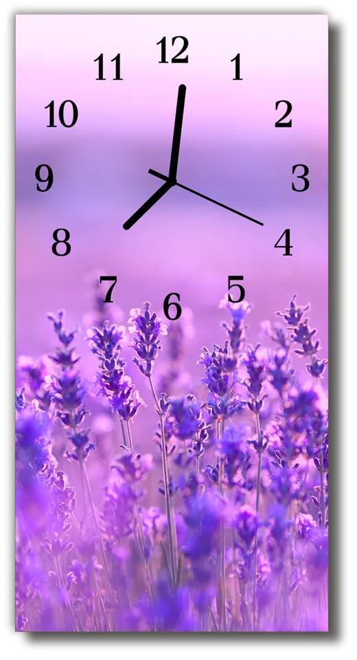 Skleněné hodiny vertikální Květiny z levandule, fialové pole 30x60 cm