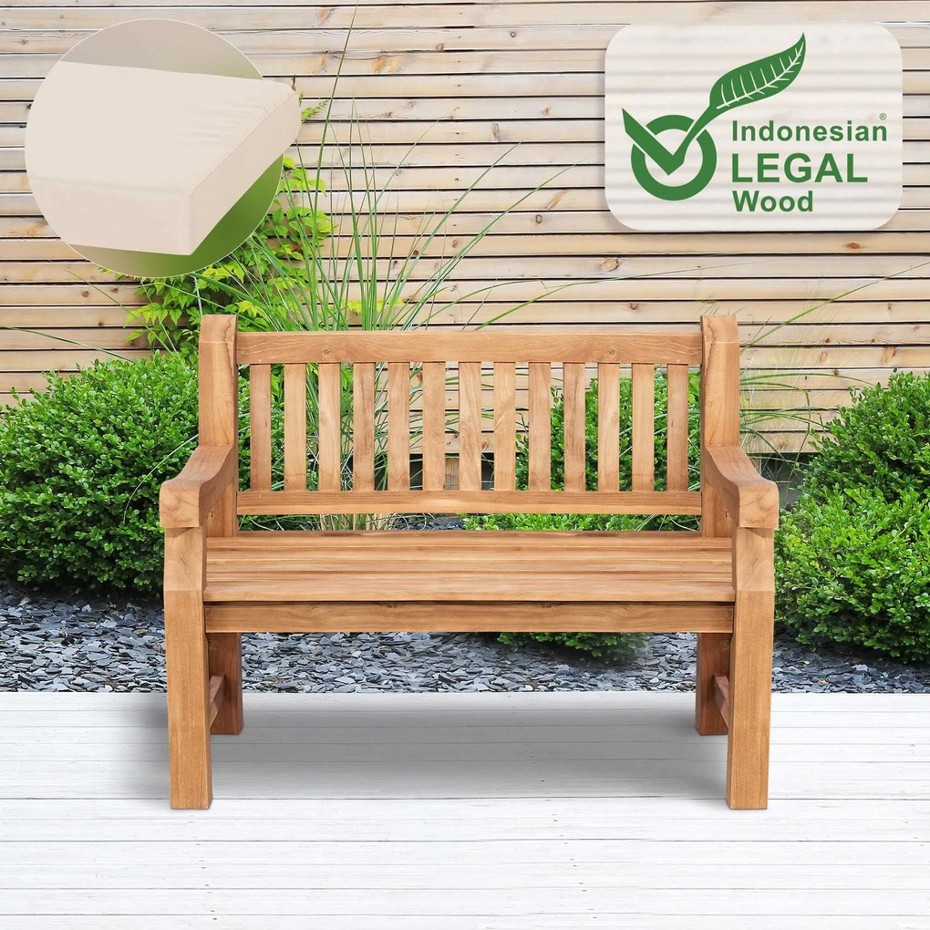 Teaková lavice Jackson s sedací polštář 120 cm + teak – krémová