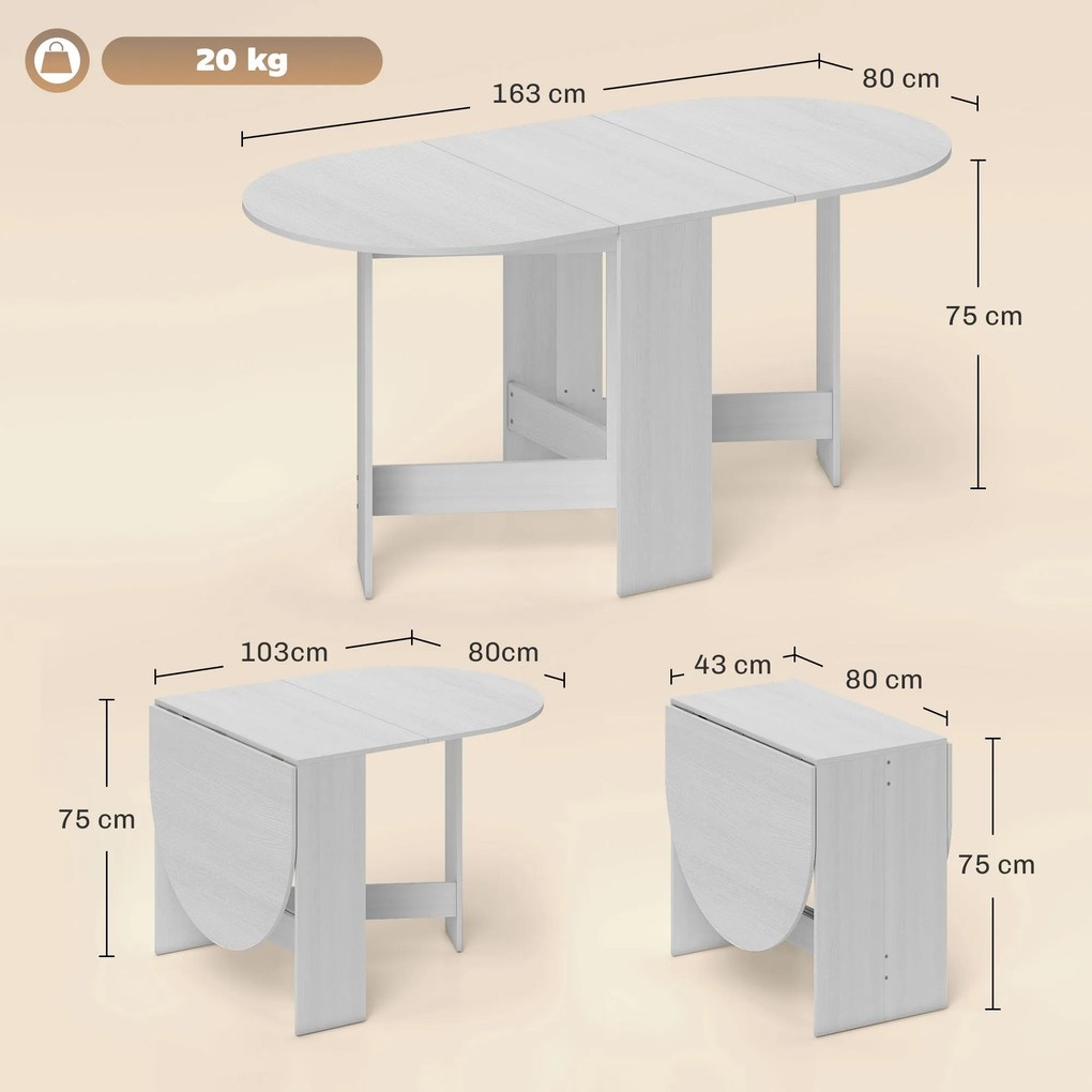 HOMCOM Skládací jídelní stůl oválný kuchyňský stůl s skládacími křídly moderní styl 163x80x75 cm Bílý