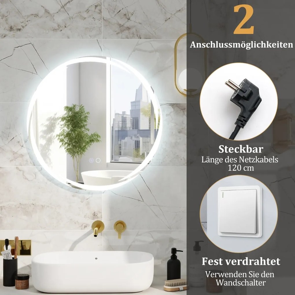 Costway Koupelnové zrcadlo LED s osvětlením 60 cm kulaté koupelnové