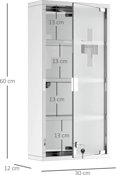 HOMCOM Lékárnička uzamykatelná nerezová, 30 x 12 x 60 cm 02-0330