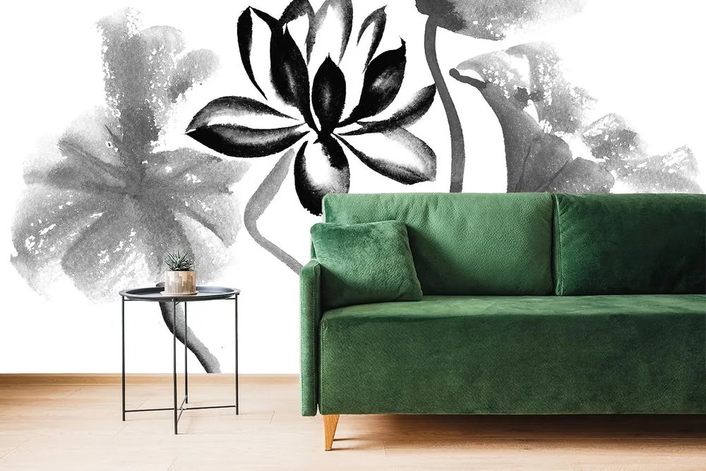 Samolepící tapeta akvarelový černobílý lotosový květ