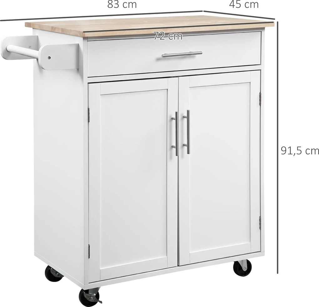 HOMCOM Kuchyňský vozík na kolečkách, servírovací vozík, kuchyňský ostrov s zásuvkou, skříňkou a držákem na utěrky - 83D x 45Š x 91,5V cm Bílý