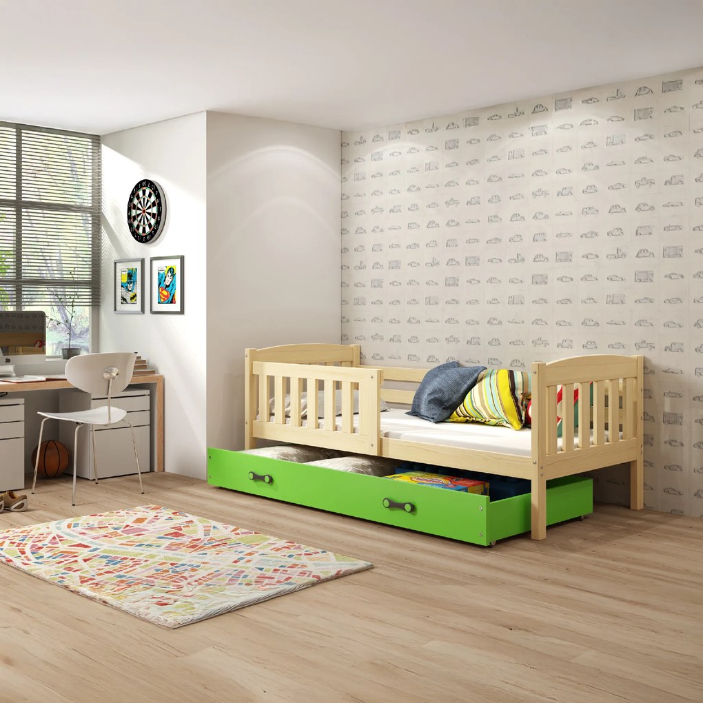 SMB Dětská postel se šuplíkem JAKE 1, 90x190 cm Dekor: Bílá, Barva šuplíku: Zelená