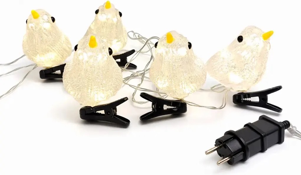 LED svítící ptáčci, akryl, 5 ks, teple bílá