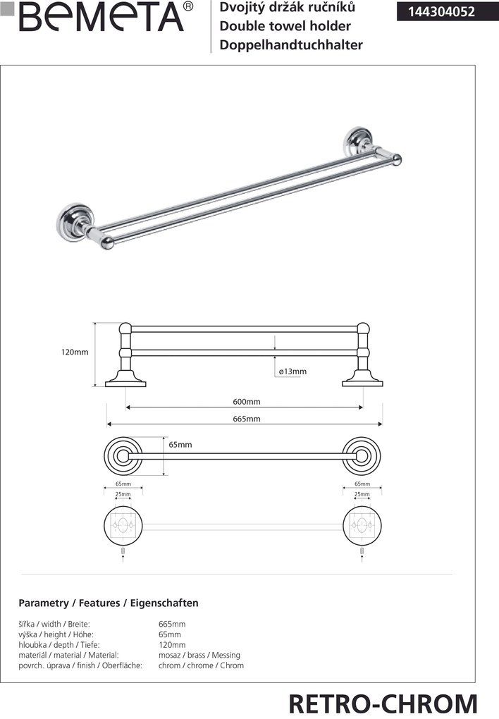 Bemeta Design RETRO chrom: Držák ručníků, 600 mm, dvojitý - 144304052