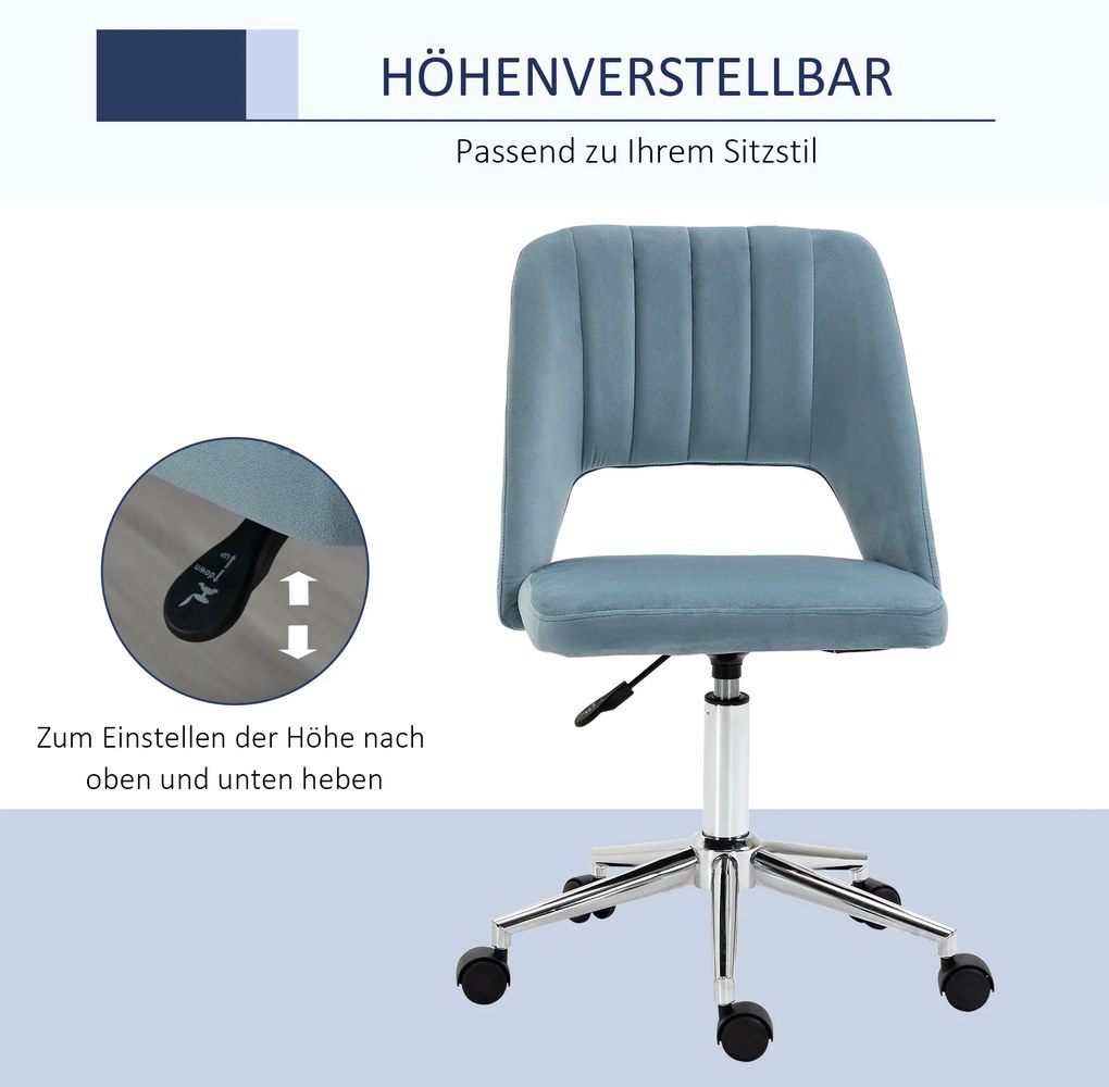 Výškově nastavitelná otočná židle Vinsetto do obývacího pokoje a kanceláře, sametová v modré barvě, ergonomická kancelářská židle pro pohodlí