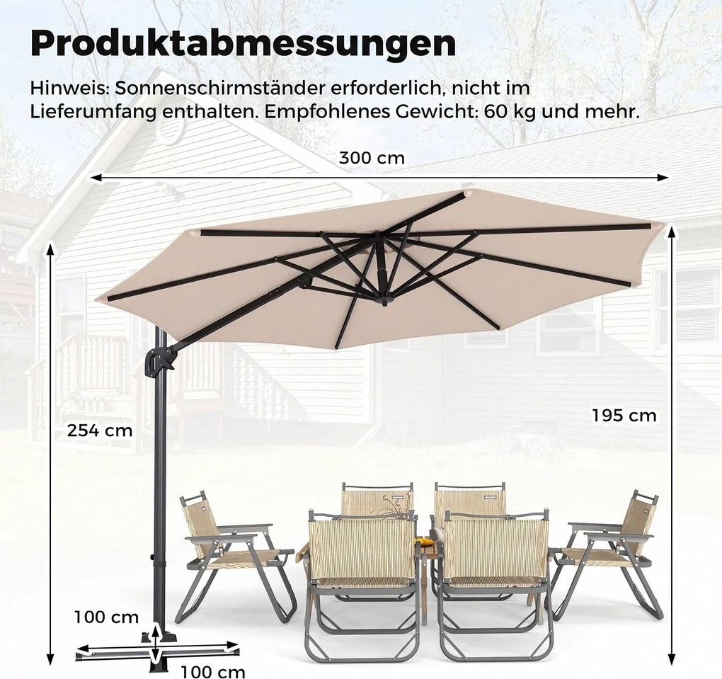 Costway Konzolový slunečník Ø 300 cm 360° Otočný klikou a pedálem, béžový