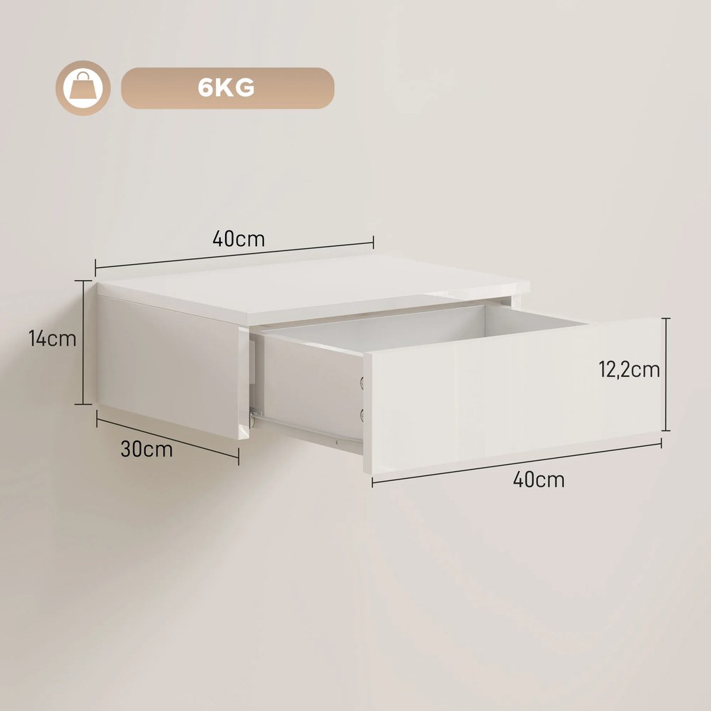 HOMCOM 2dílná sada nočních stolků, nástěnný design, zásuvka, do ložnice, dřevotříska, bílá