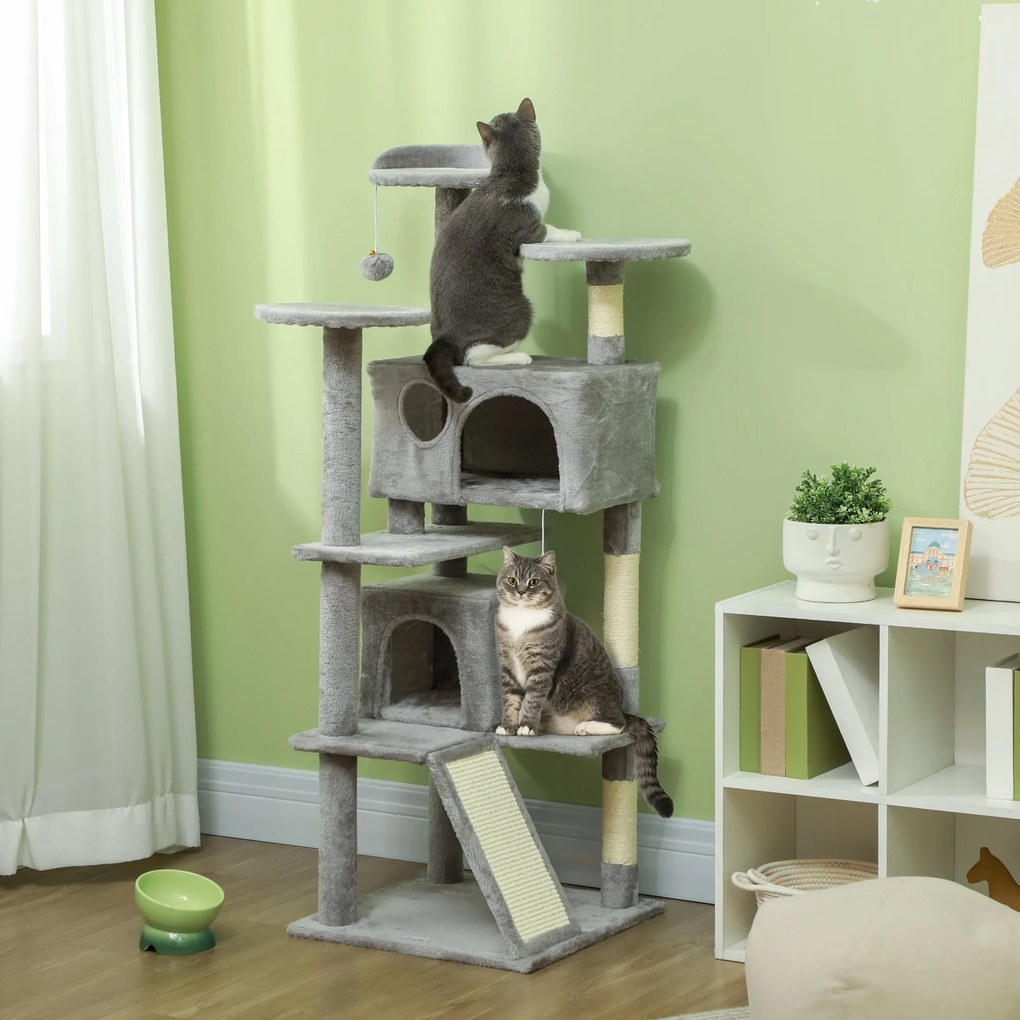 PawHut Kočičí škrabadlo výška 138 cm, strom pro kočky s sisalovými škrabacími sloupy, platformami, úkryty, zavěšenými míčky a hamakem, světle šedé