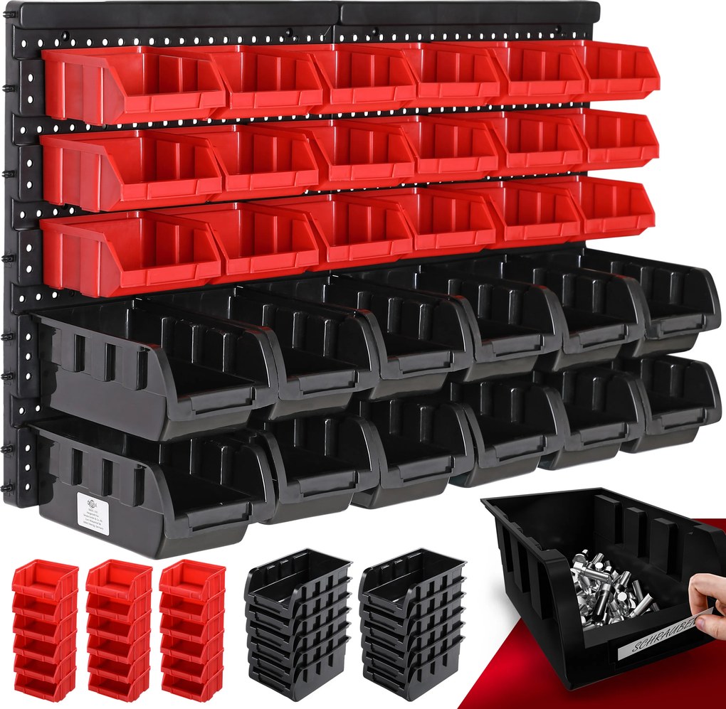 Stěna na nářadí černá/červená 32dílný s stohovatelné boxy