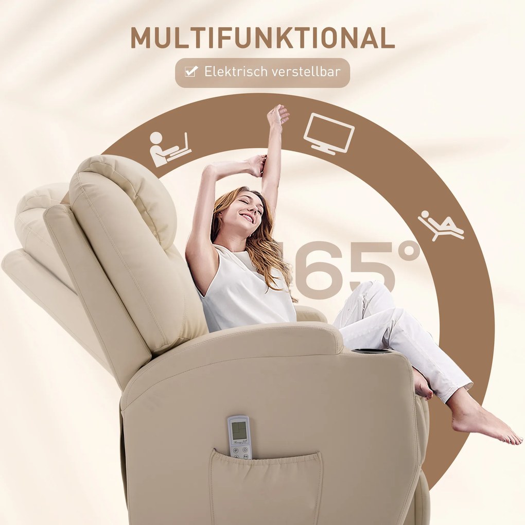 HOMCOM Elektrické polohovací křeslo, TV křeslo, masážní křeslo, masážní funkce, funkce polohování, imitace kůže, béžová barva, 82 x 97 x 110 cm | Aos…