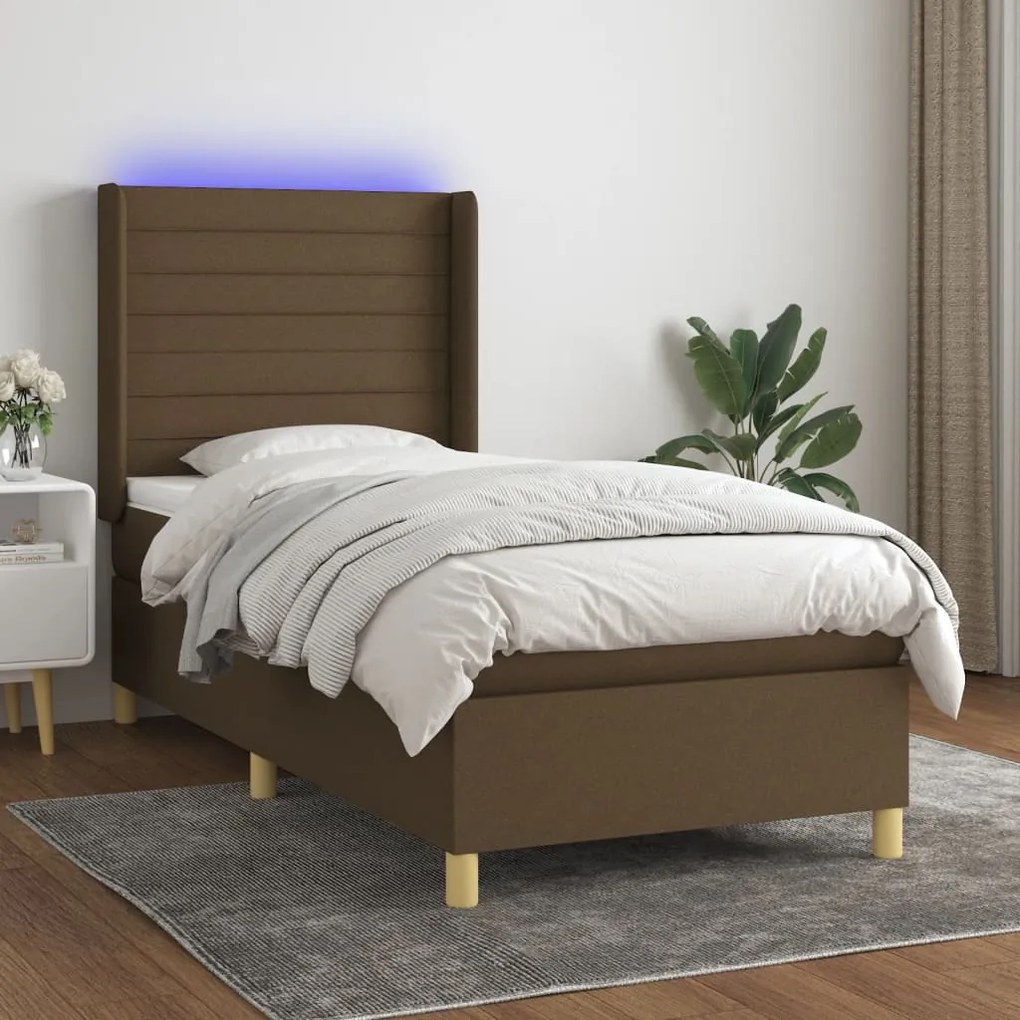 Box spring postel s matrací a LED tmavě hnědá 90x190 cm textil