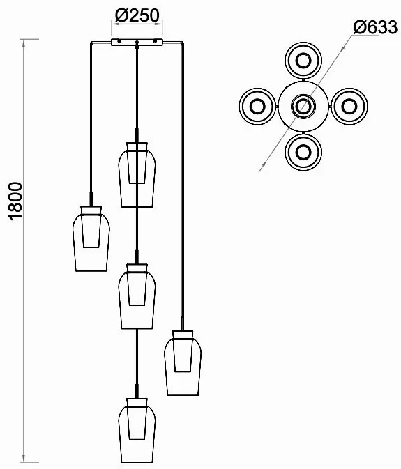 Mantra Nora, závěsné svítidlo s pěti závěsy 5xE27 čiré sklo/dřevo, průměr 63,3cm