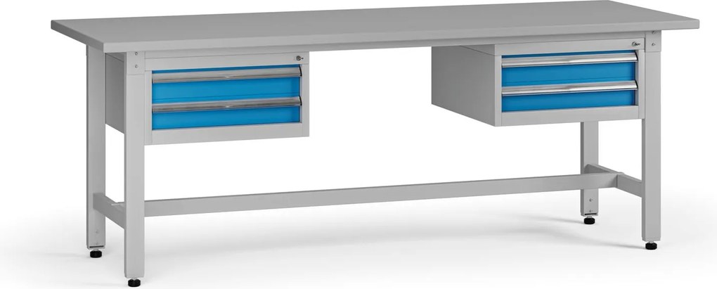 Výškově nastavitelný dílenský stůl G5, 2100 x 750 x 800-1000 mm, 2x kontejner, 4 zásuvky, modrá