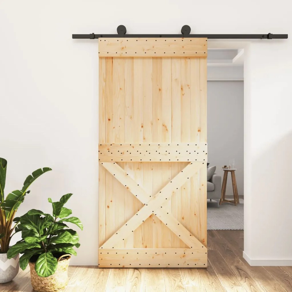 Posuvné Dveře S Kováním 100 X 210 Cm Masivní Borové Dřevo Stříbrná