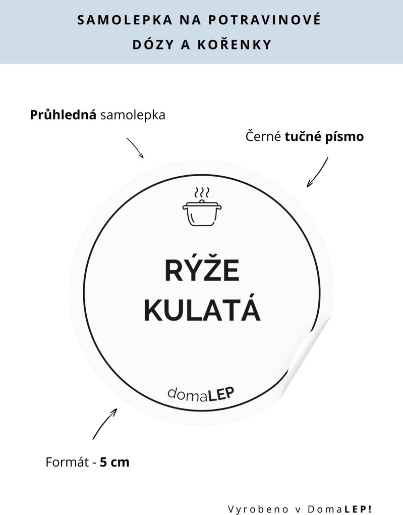 RÝŽE KULATÁ – průhledná samolepka na dózu, tučnépísmo, 5 cm | DomaLEP