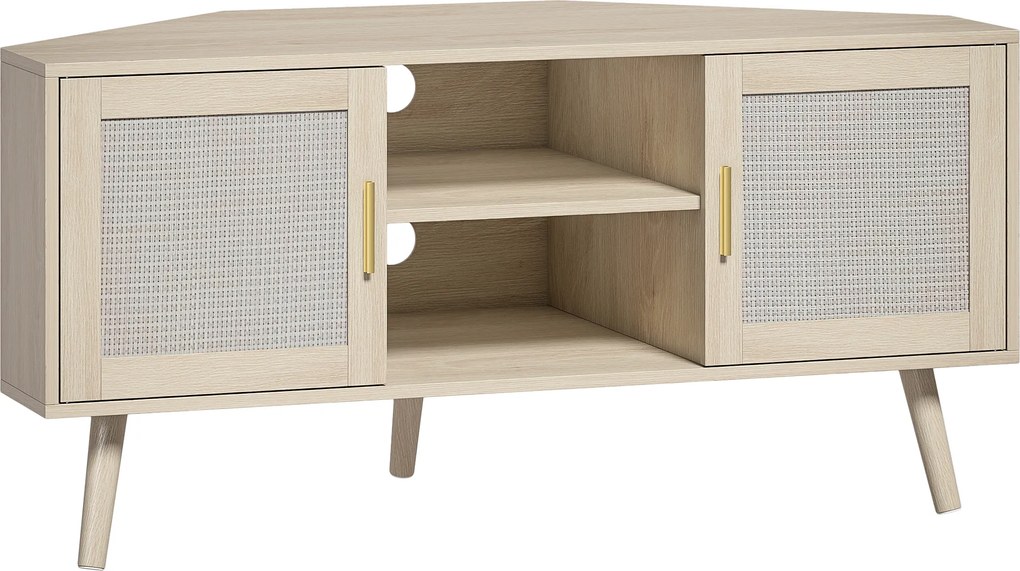 HOMCOM rohový televizní nábytek 115 cm, nábytek pod televizi pro televize až 65 palců, 2 ratanové dveře, 2 přihrádky, dub