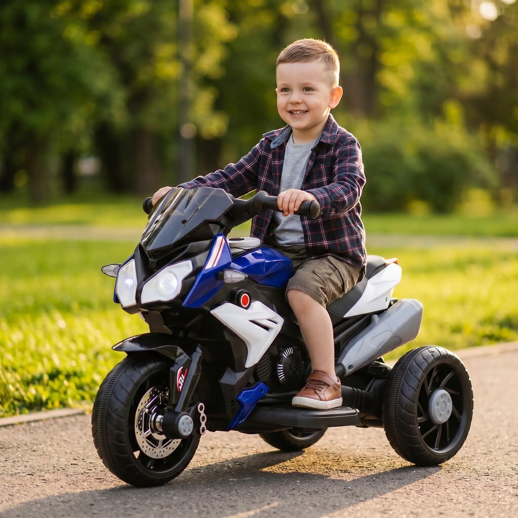 HOMCOM Dětská elektrická motorka se 3 koly pro děti od 3 let s 6V dobíjecí baterií, hudební klakson, světlomety 86x42x52 cm černá a modrá