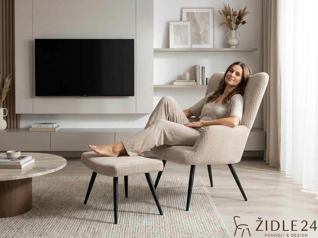 Relaxační křeslo ušák s podnožkou ARIA - béžový manšestr