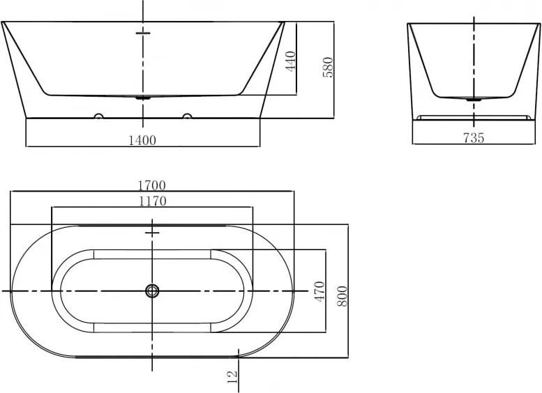 Mexen Oval Slim, volně stojící vana ke stěně 170 x 80 cm, bílá lesklá, zlatý lesklý přepad, 52661708000-50