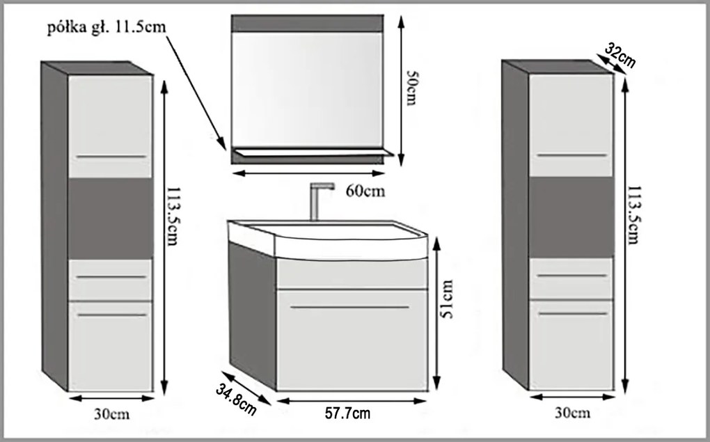 Koupelnový nábytek Belini bílý lesk / královský eben + umyvadlo + zrcadlo  ROD PM 6/0/W/WHK/0/ZW