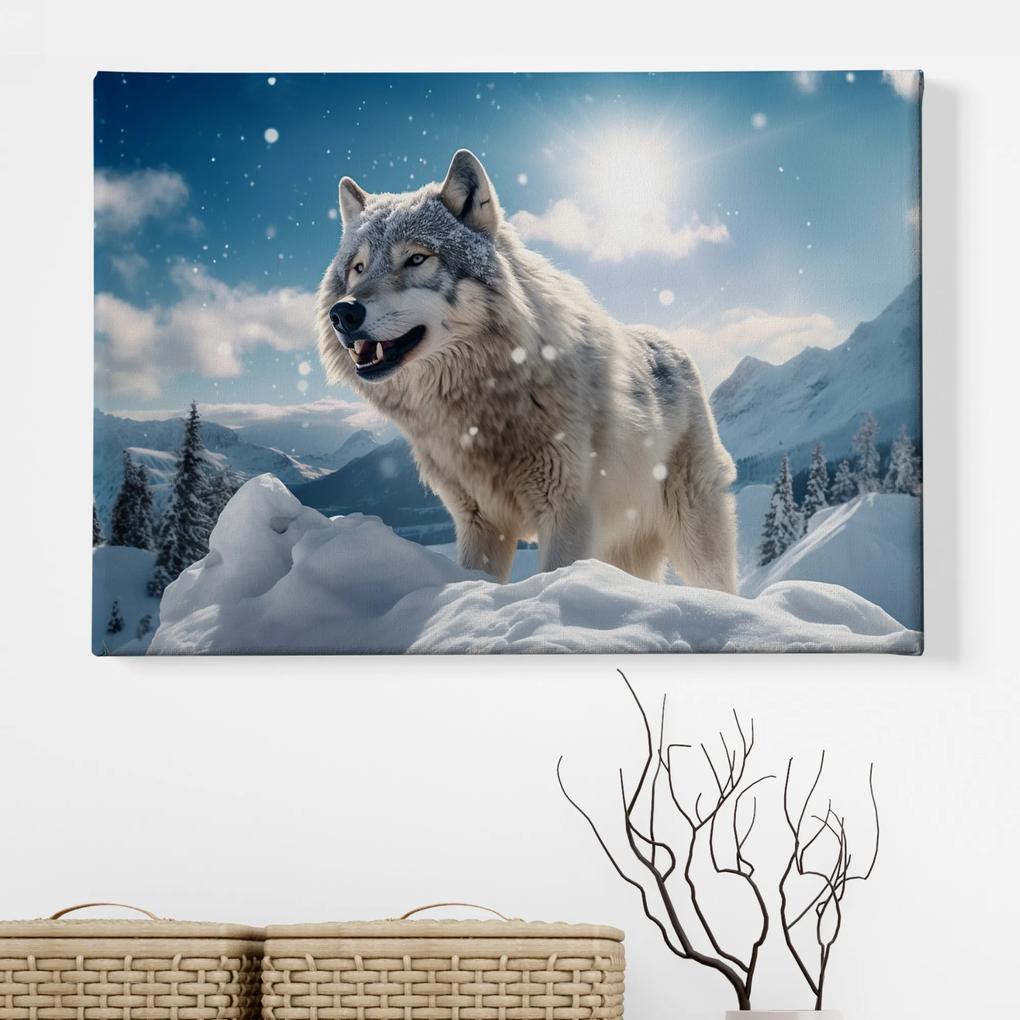 Obraz na plátně - Vlk se rozhlíží po krajině FeelHappy.cz Velikost obrazu: 150 x 100 cm