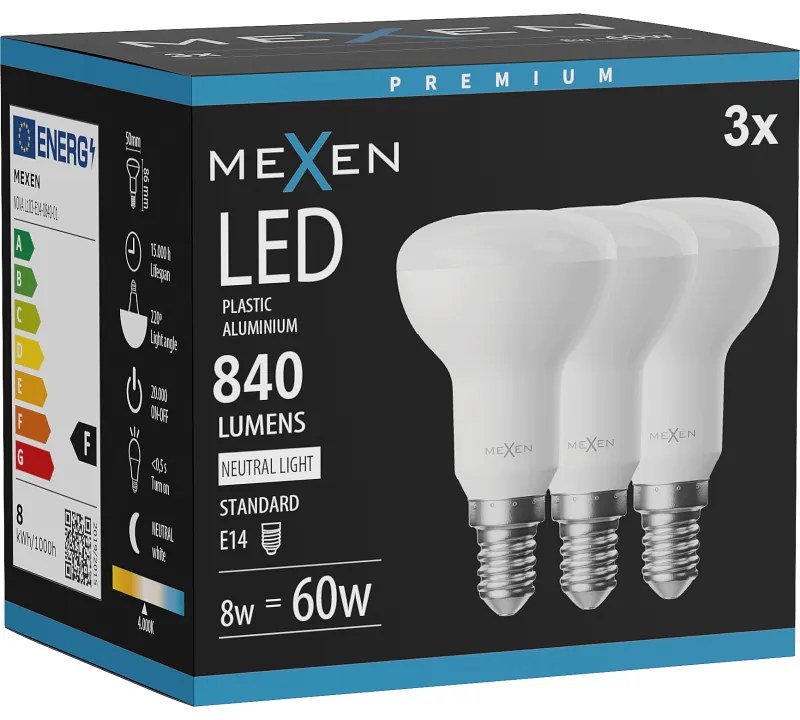Mexen Nova 3x LED žárovka E14, R50, 8W, Neutrální - 4000K, 840 lm - L103-E14-0840-01x03