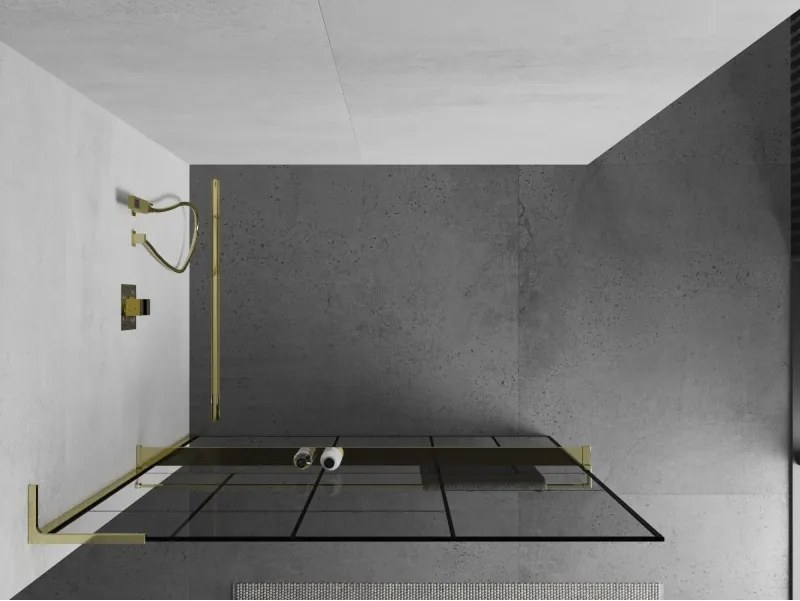 Mexen Kioto+ L, sprchová zástěna Walk-In s poličkou a věšákem 100 x 200 cm, 8mm čiré sklo černý vzor, zlatý lesklý profil, 800-100-123-50-78