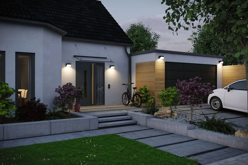 P 95746 Hybrid LED venkovní nástěnné svítidlo Lioren domovní 230V + solární IP44 hranaté 170x170mm 3000K 2,3W 230V černá - PAULMANN