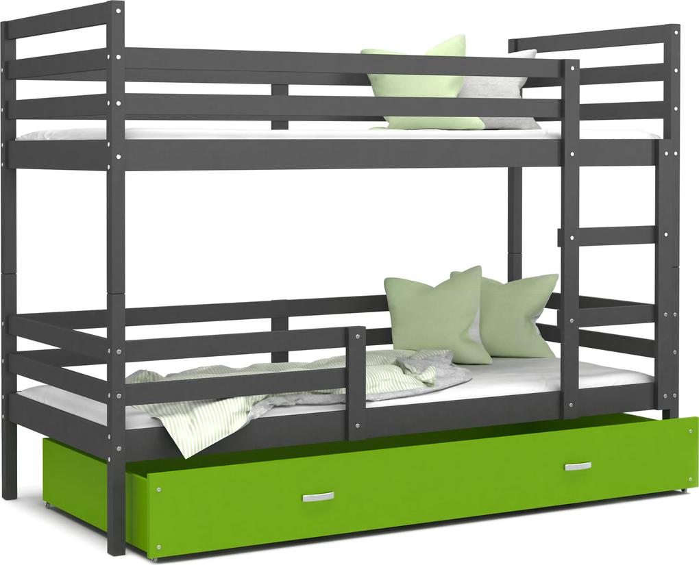 MAXMAX Dětská patrová postel se šuplíkem JACKIE - 200x90 cm - zeleno-šedá