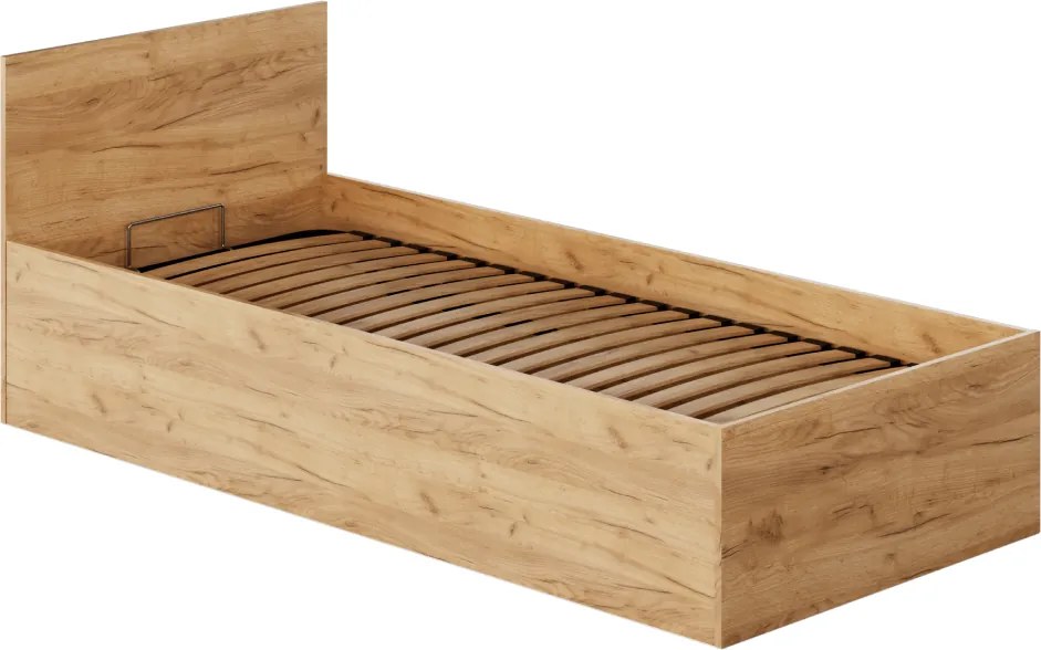 Postel s kovovým roštem a úložným prostorem, 90x200, dub craft zlatý, DOLI